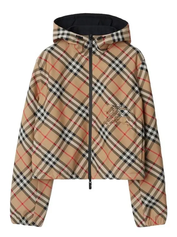 Burberry Cropped Reversible Check Hooded Jacket - Sand