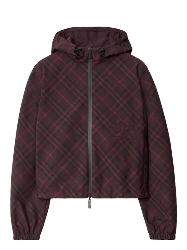 Burberry Cropped Reversible Check Hooded Jacket - Wine Red