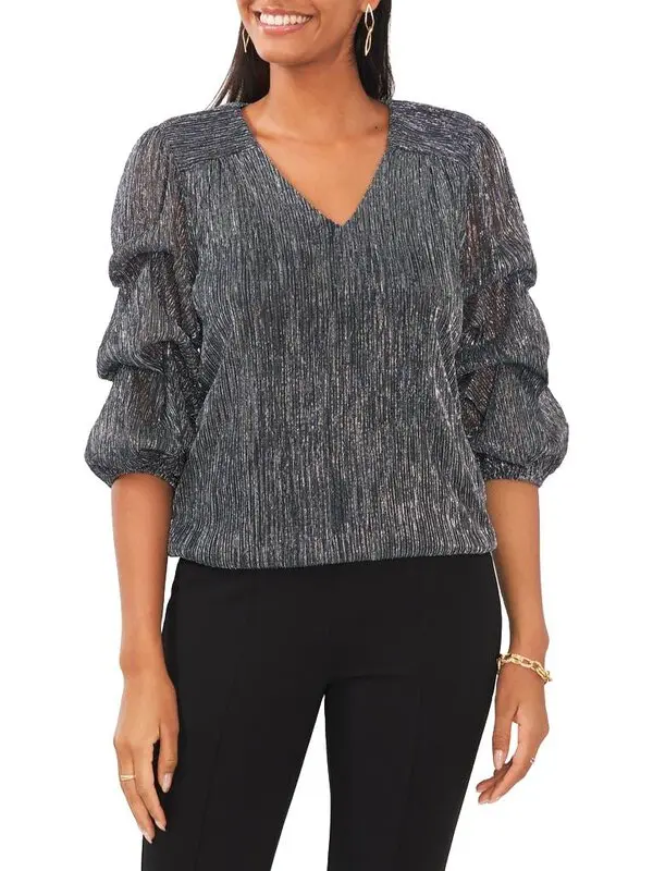 Chaus Metallic Lantern Sleeve Top - Black/silver