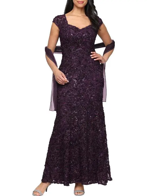 Alex Evenings Soutache Sequin Lace A-line Gown With Wrap - Deep Plum
