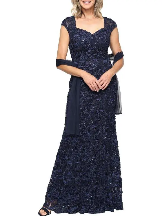 Alex Evenings Soutache Sequin Lace A-line Gown With Wrap - Navy