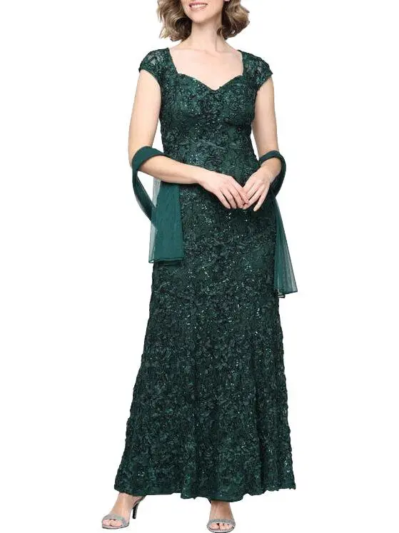 Alex Evenings Soutache Sequin Lace A-line Gown With Wrap - Pine
