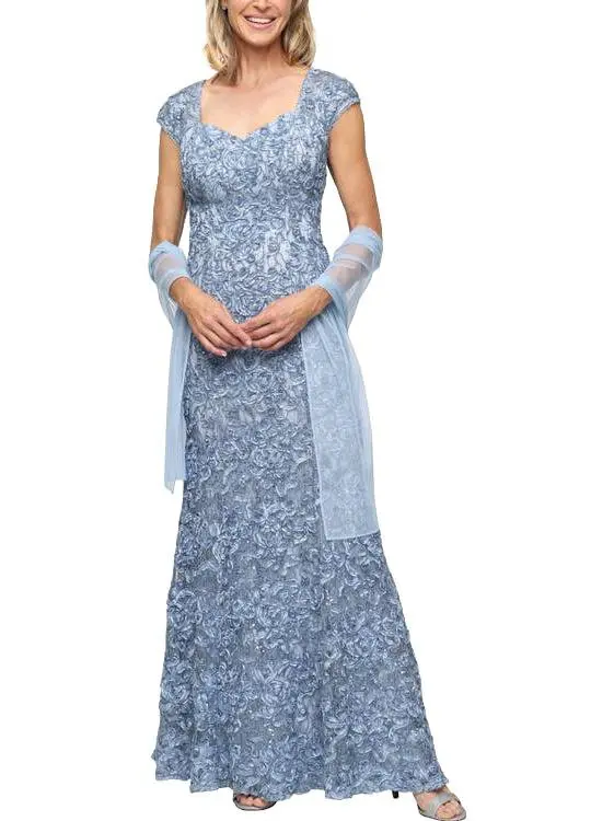 Alex Evenings Soutache Sequin Lace A-line Gown With Wrap - Skyblue