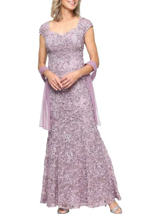 Alex Evenings Soutache Sequin Lace A-line Gown With Wrap - Wisteria
