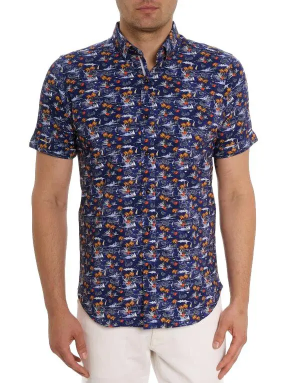 Robert Graham Lyndon Short Sleeve Knit Button-up Shirt - Blue Multi