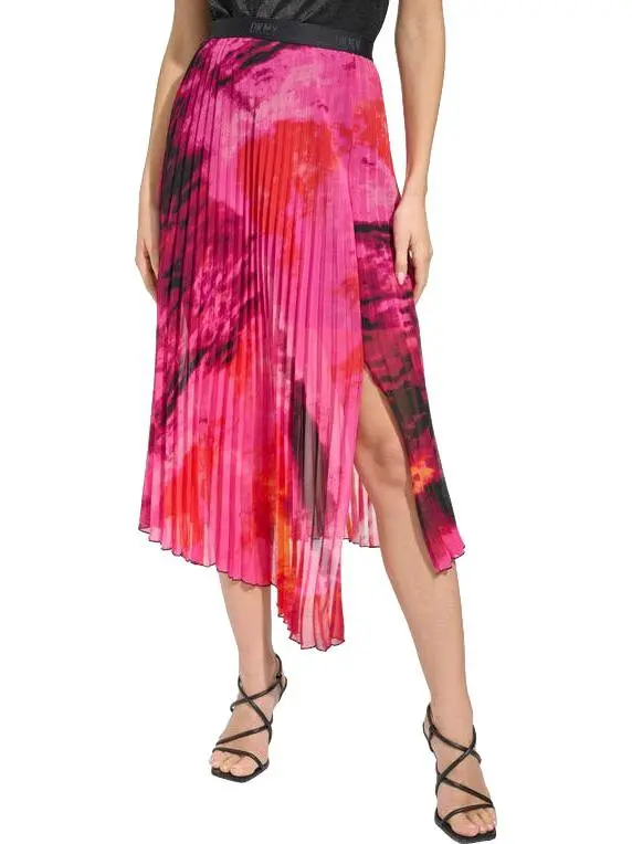 Dkny Print Pleated Asymmetric Midi Skirt - Shocking Pink Multi