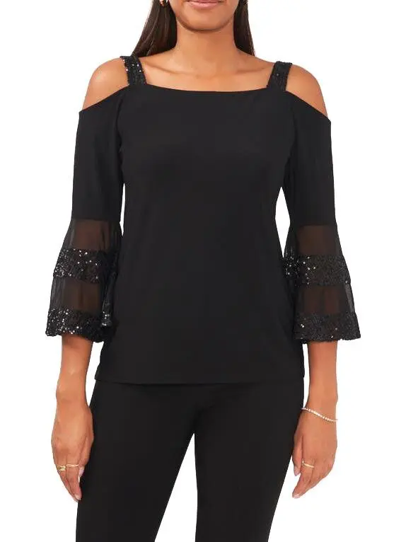 Chaus Cold Shoulder Bell Sleeve Top - Black/ Gunmetal