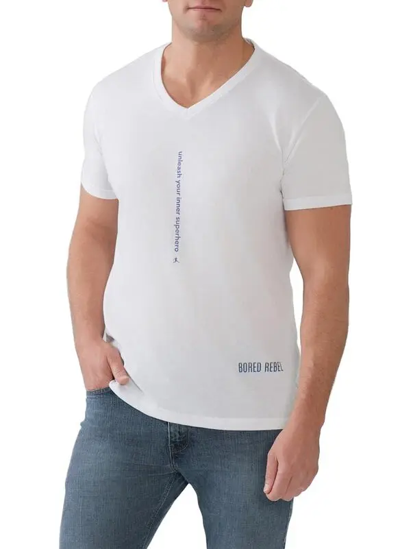 BORED REBEL Unleash Your Inner Superhero V-neck Graphic Undershirt - White
