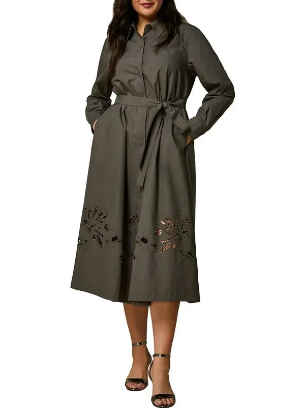 Marina Rinaldi Embroidered Cotton Poplin Shirt Dress - Khaki