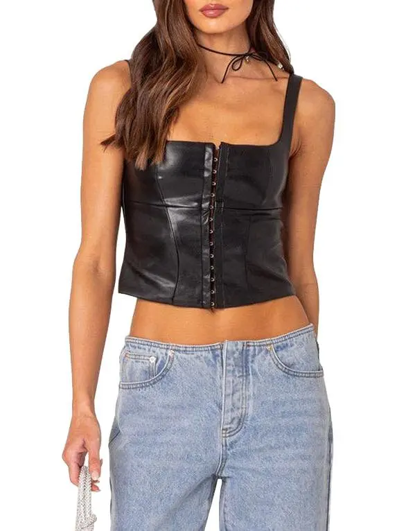 EDIKTED Simone Faux Leather Corset Top - Black