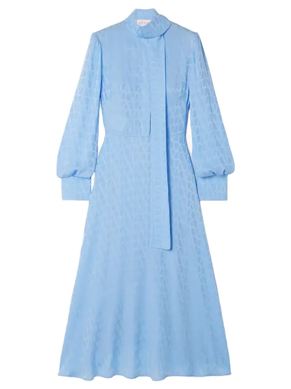 Valentino Garavani Scarf-detailed Silk-jacquard Midi Dress - Blue