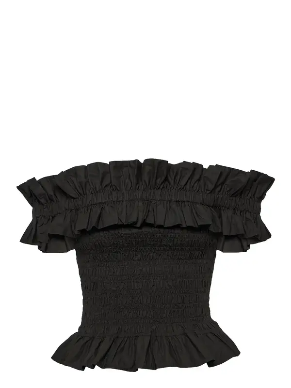 GANNI Smocked Off-shoulder Cotton Poplin Top - Black