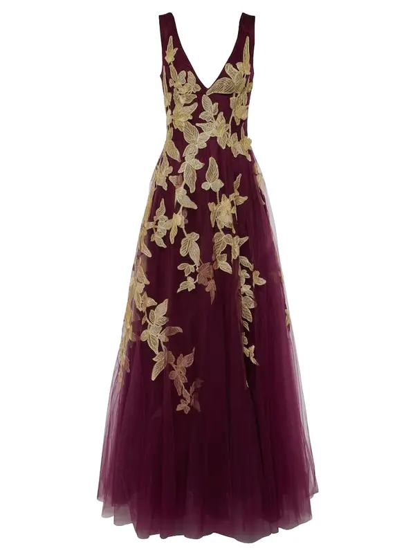 Costarellos Floral Appliqué Tulle Gown - Red