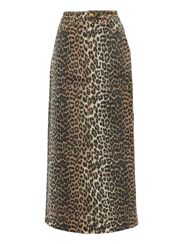 GANNI Leopard-print Maxi Denim Skirt - Brown