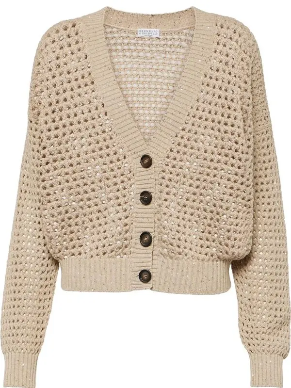 Brunello Cucinelli Sequined Open-knit Cotton-blend Cardigan - Beige
