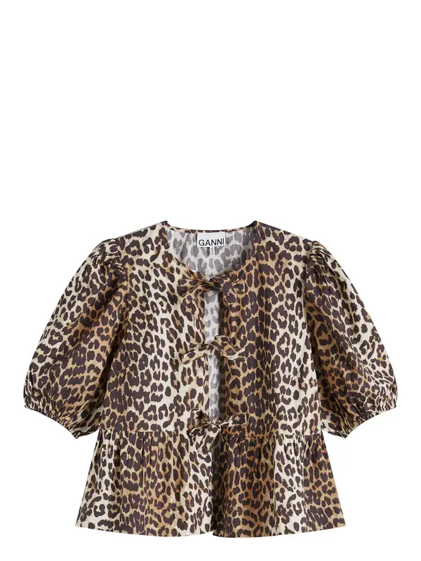 GANNI Printed Cotton Poplin Peplum Blouse - Leopard