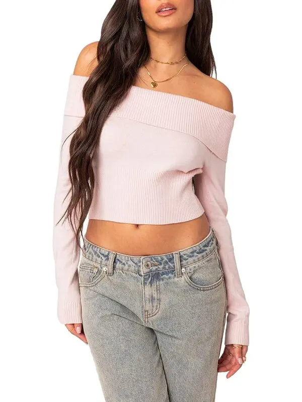 EDIKTED Minnie Foldover Knit Crop Top - Light-pink