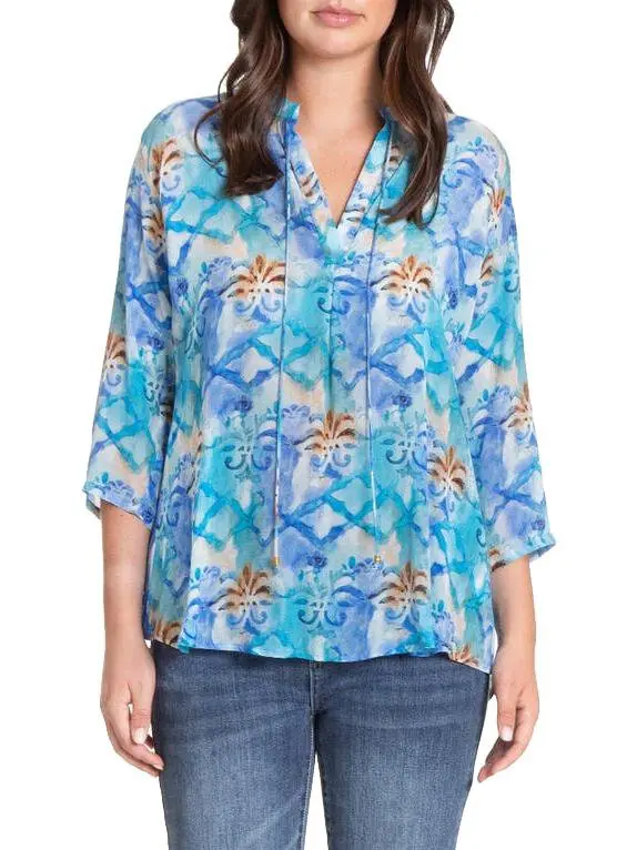 APNY Tie-neck Blouse - Blue/white Multi