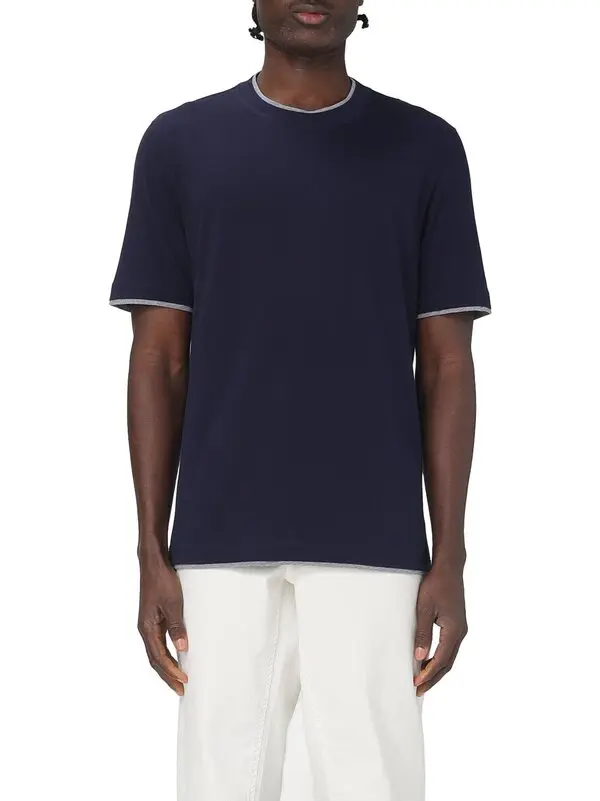 Brunello Cucinelli Crewneck Cotton T-shirt With Contrast Trims - Blue