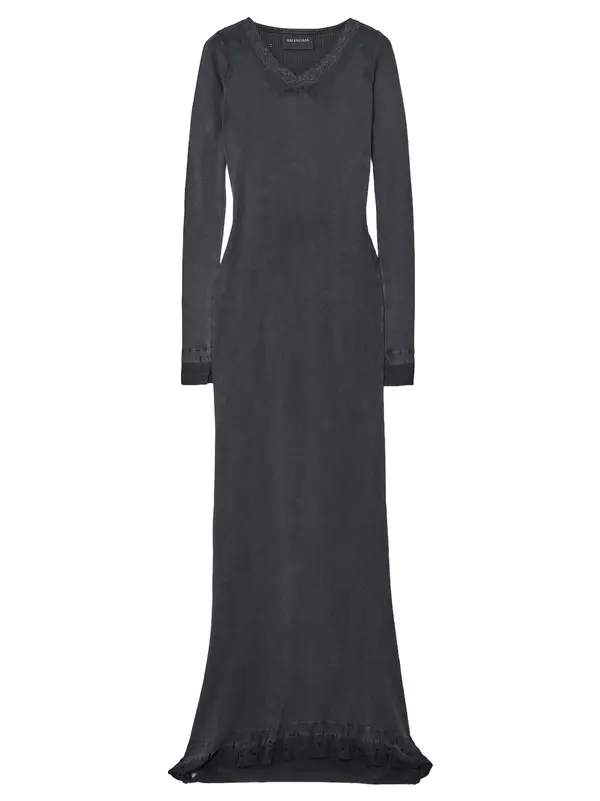 Balenciaga Distressed Lace-trimmed Maxi Dress - Gray