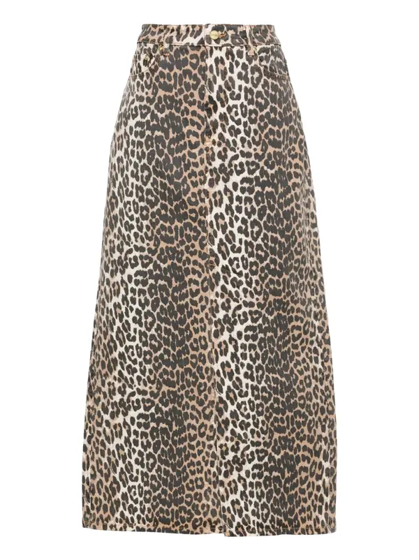 GANNI High-waisted Leopard-print Denim Midi Skirt - Neutrals