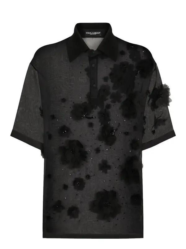 Dolce & Gabbana Floral-appliqué Sheer Polo Shirt - Black