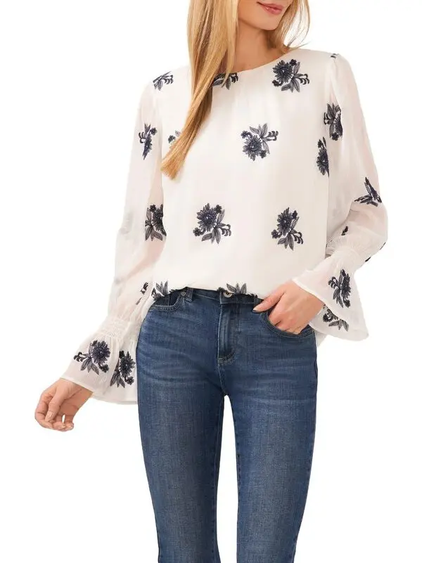 CECE DUPRAZ Floral Embroidered Georgette Top - New Ivory
