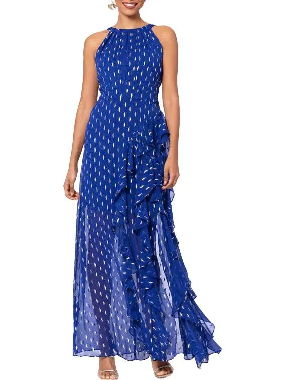 Betsy & Adam Ruffle Metallic Chiffon Gown - Light Navy/gold