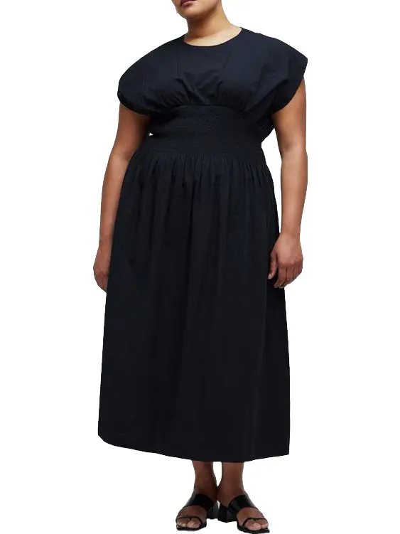 Madewell Seersucker Midi Dress With Smocked Waist - True Black