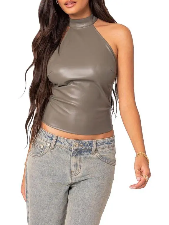 EDIKTED Sienna Faux Leather Halter Top - Gray