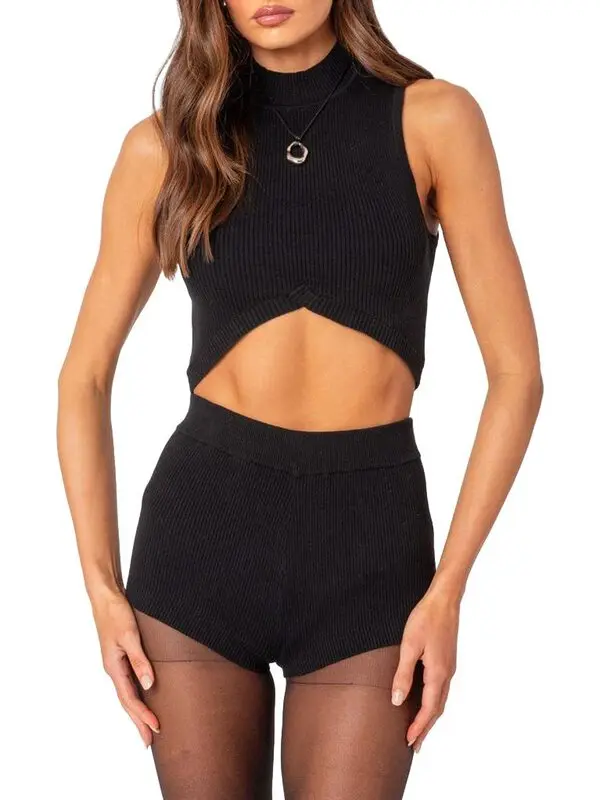 EDIKTED Marcus Mock Neck Rib Crop Sweater - Black