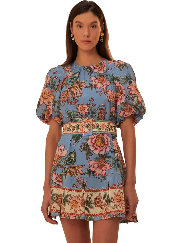 Farm Rio Floral Print Mini Dress - Wonderful Bouquet Blue