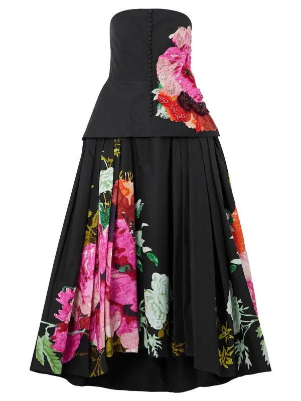 Erdem Strapless Crystal-embellished Floral-print Cotton-faille Midi Dress - Black