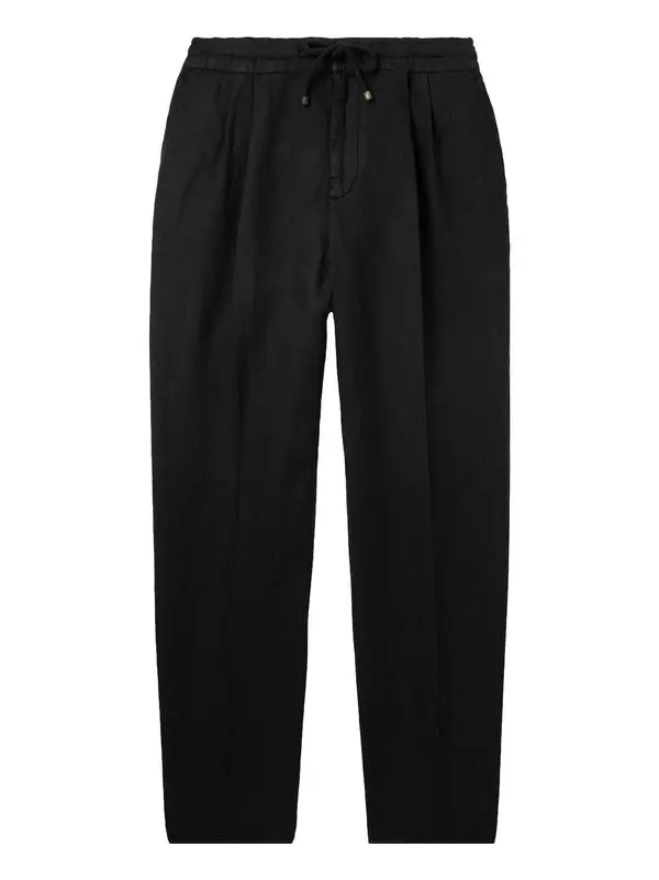 Brunello Cucinelli Straight-leg Pleated Linen-twill Drawstring Trousers - Black