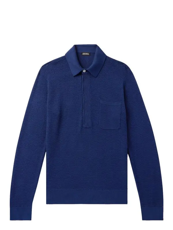Zegna Textured Cotton And Mulberry Silk-blend Polo Shirt - Blue