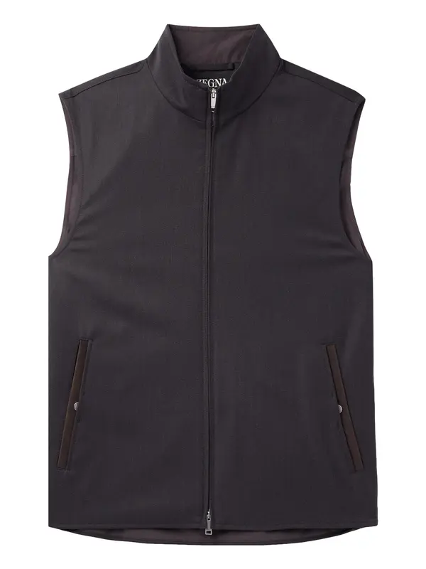 Zegna Leather-trimmed Wool-blend Twill Gilet - Brown
