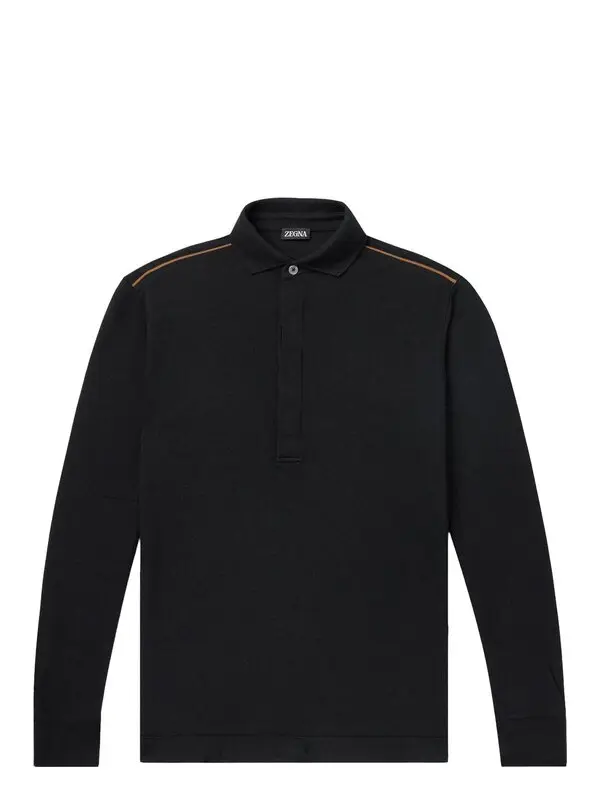 Zegna Leather-trimmed Cotton-piqué Polo Shirt - Black