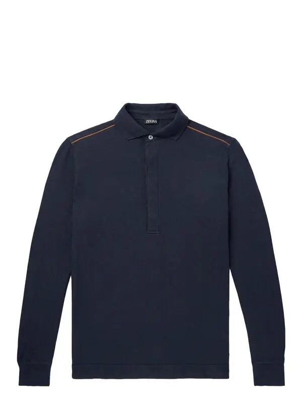 Zegna Leather-trimmed Cotton-piqué Polo Shirt - Blue