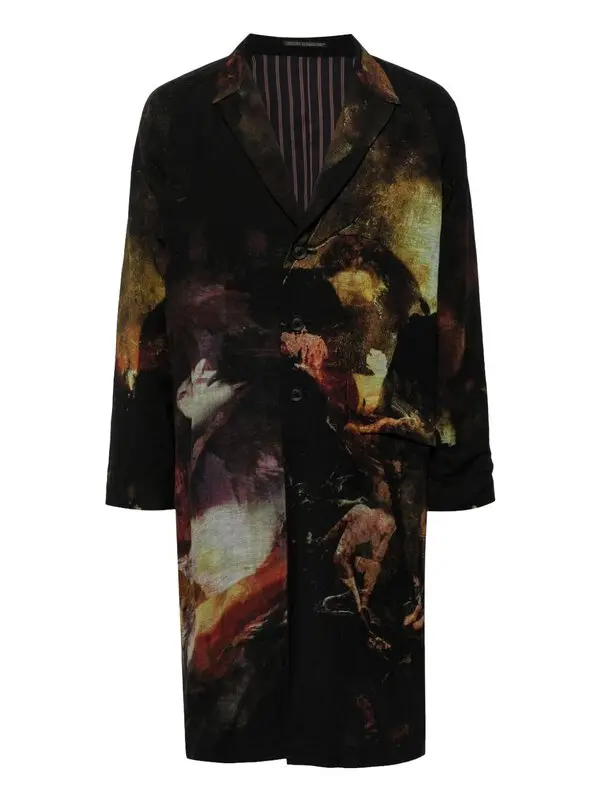 Yohji Yamamoto Abstract Print Single-breasted Coat - Black