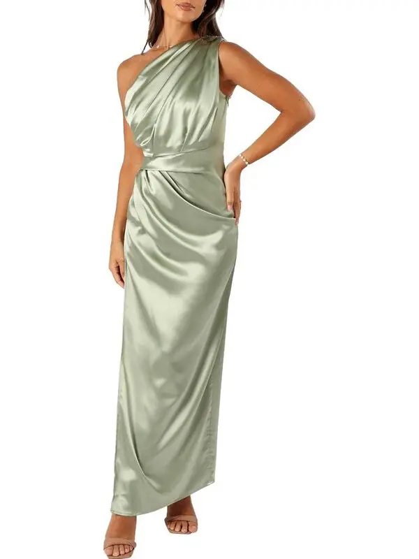 PETAL & PUP Nadia One-shoulder Satin Maxi Dress - Sage