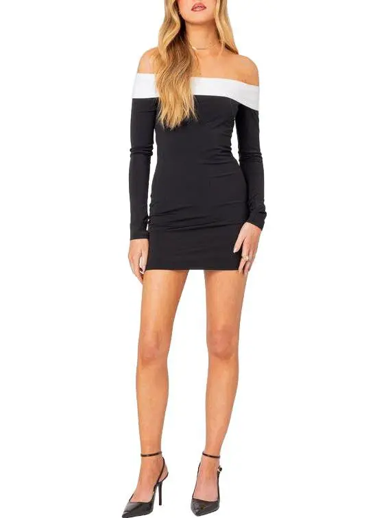 EDIKTED Yolanda Off The Shoulder Mini Dress - Black-and-white