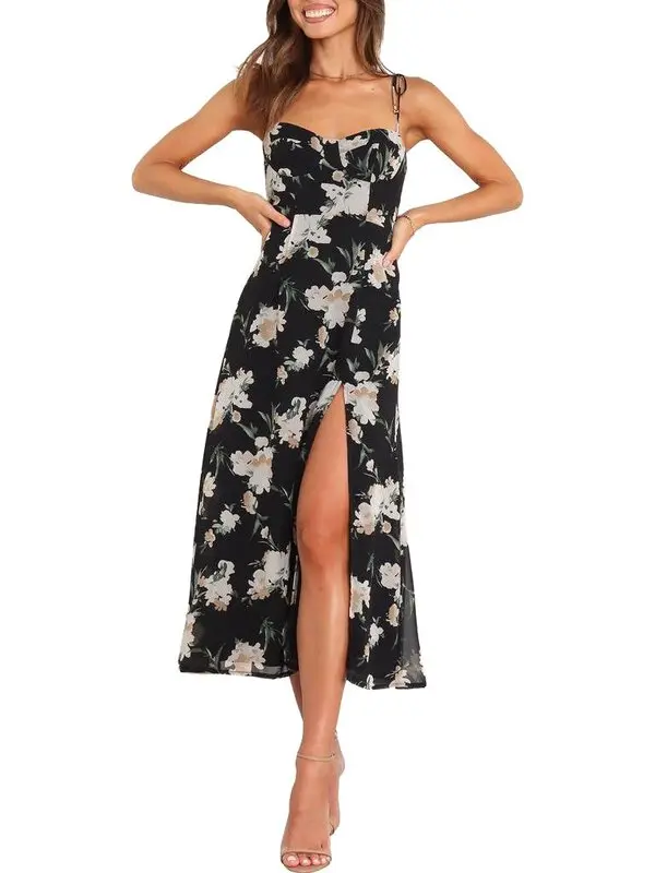 PETAL & PUP Meg Floral Print Bustier Dress - Black