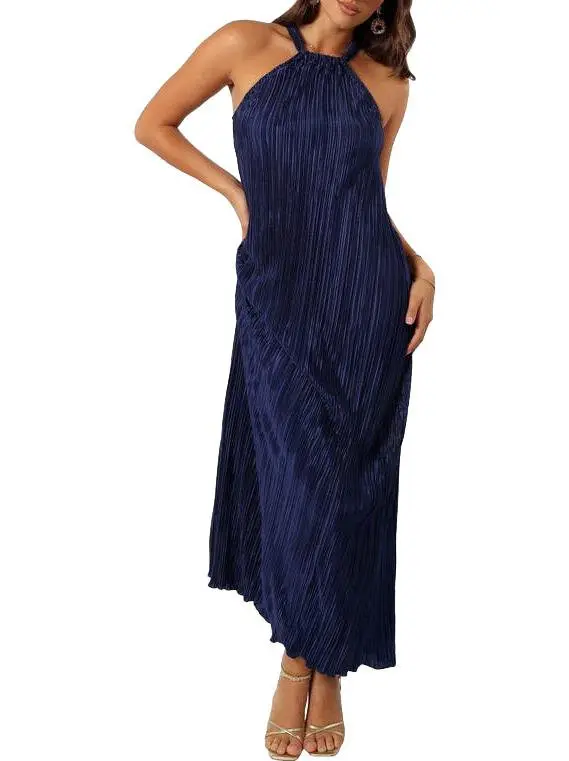 PETAL & PUP Melody Plissé Maxi Dress - Navy