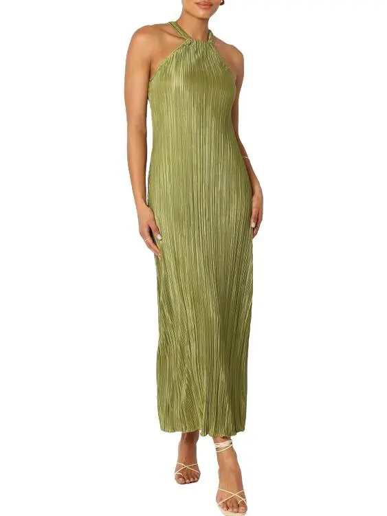 PETAL & PUP Melody Plissé Maxi Dress - Olive