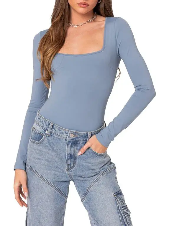 EDIKTED Joanna Square Neck Bodysuit - Light-blue