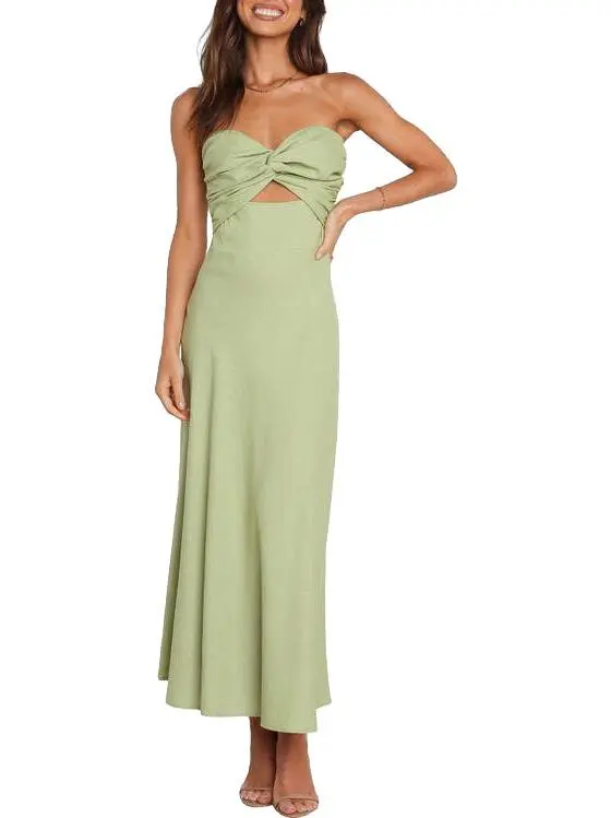 PETAL & PUP Rosetta Cutout Cotton & Linen Strapless Dress - Olive