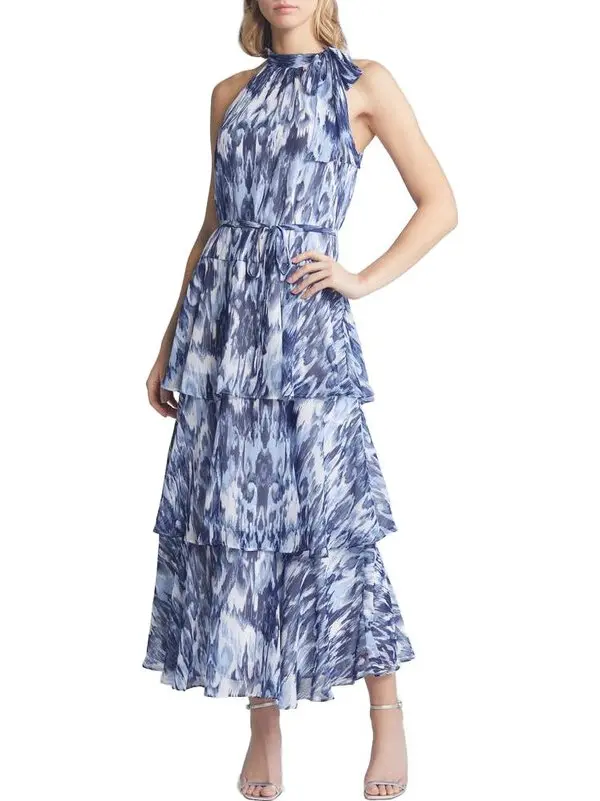 Julia Jordan Tiered Tie-neck Maxi Dress - Blue Multi