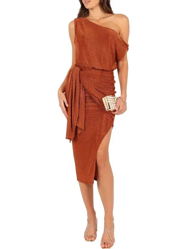 PETAL & PUP Santiago Metallic One-shoulder Midi Dress - Bronze