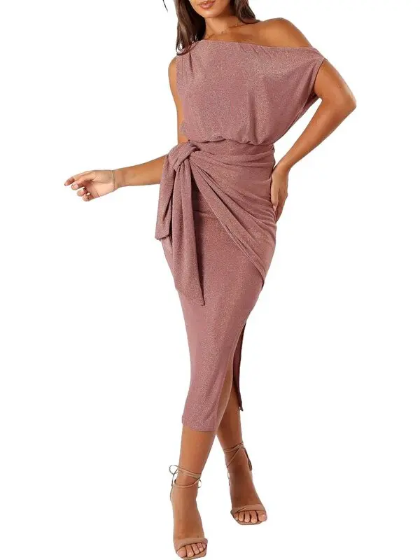 PETAL & PUP Santiago Metallic One-shoulder Midi Dress - Dusty Rose