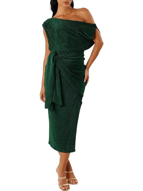PETAL & PUP Santiago Metallic One-shoulder Midi Dress - Emerald